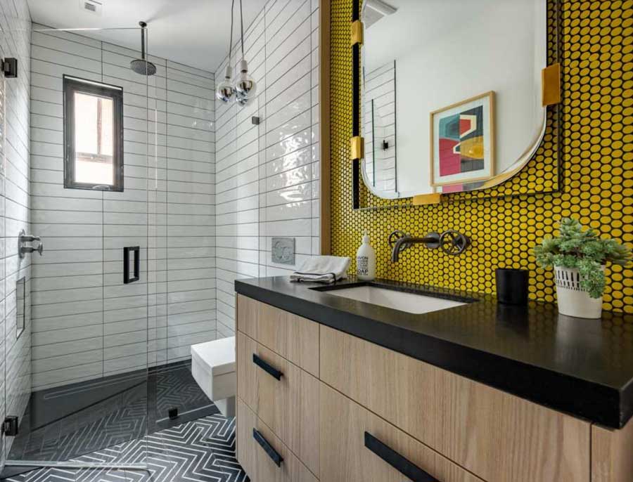 full-bath-yellow-penny-tile-white-subway-tile | Timan & Co.